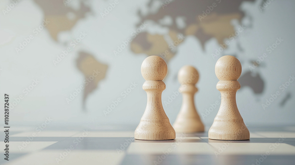 Global Strategy: Three wooden chess pawns stand on a chessboard ...