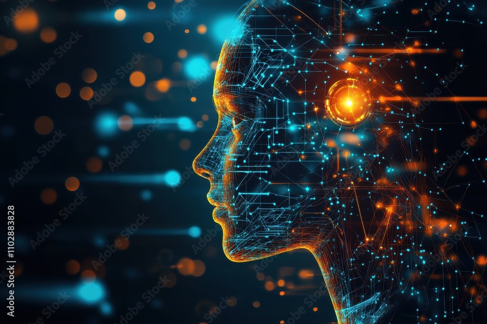 Futuristic profile digital face overlay glowing neural network ...