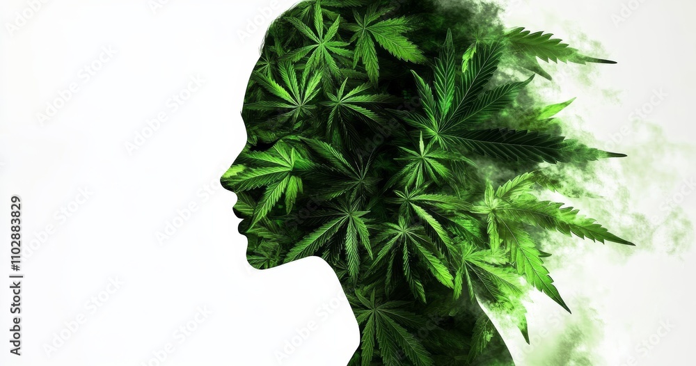 Silhouette Profile of Woman Made with Green Cannabis Leaves on White ...