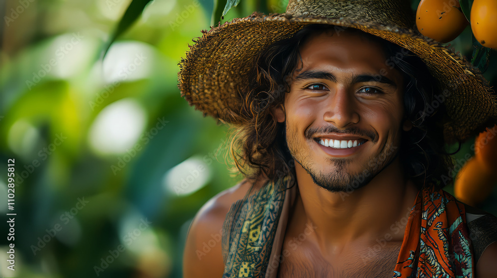 smiling, photo realism of indonesian model guy wear batik planting in a ...