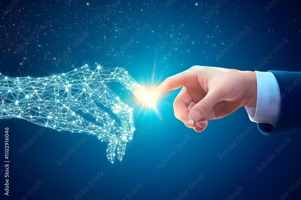 Human hand touching digital robotic hand, symbolizing AI collaboration, innovation, human ...