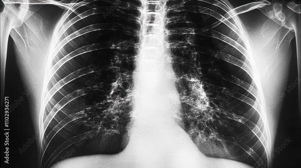 X-ray image of human lungs showing rib structure and potential ...