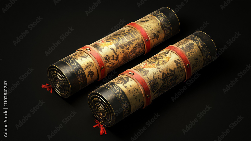 Rolled-up ancient Chinese scrolls with gold and red designs are shown ...