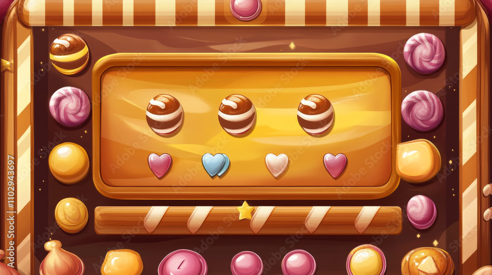 A mobile game with a candy theme. It has shiny buttons, a scoreboard ...