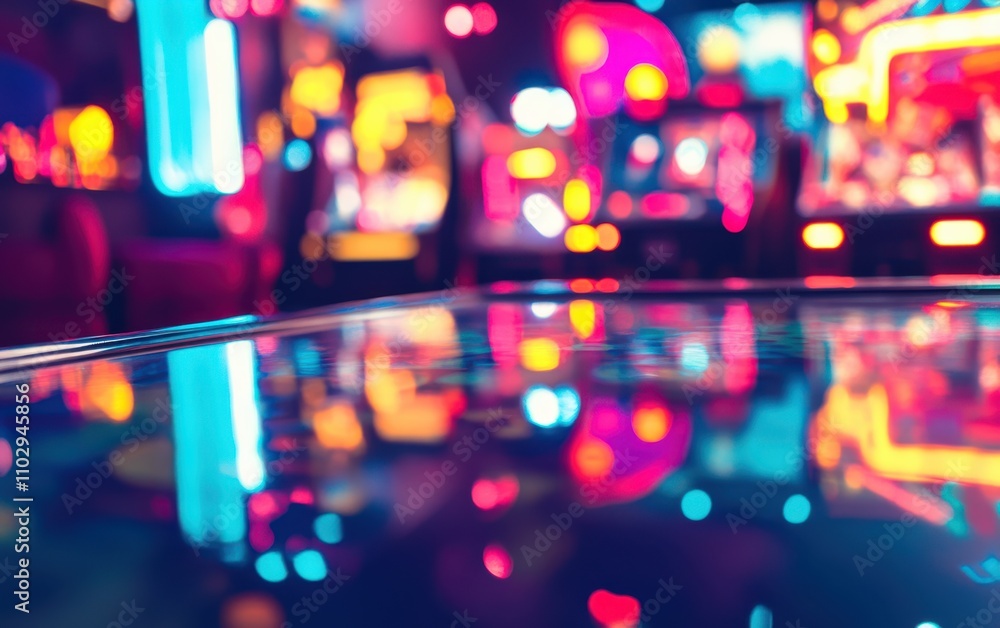 Ground level angle view close up, surface of glass-top chrome table ...