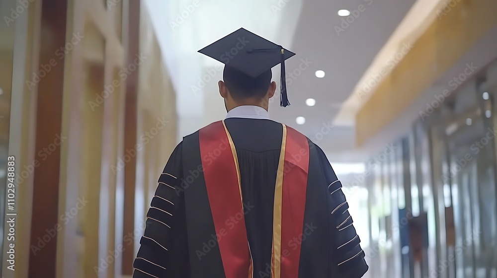 A walking Kuwaiti graduate man seen from behind, his short black hair ...