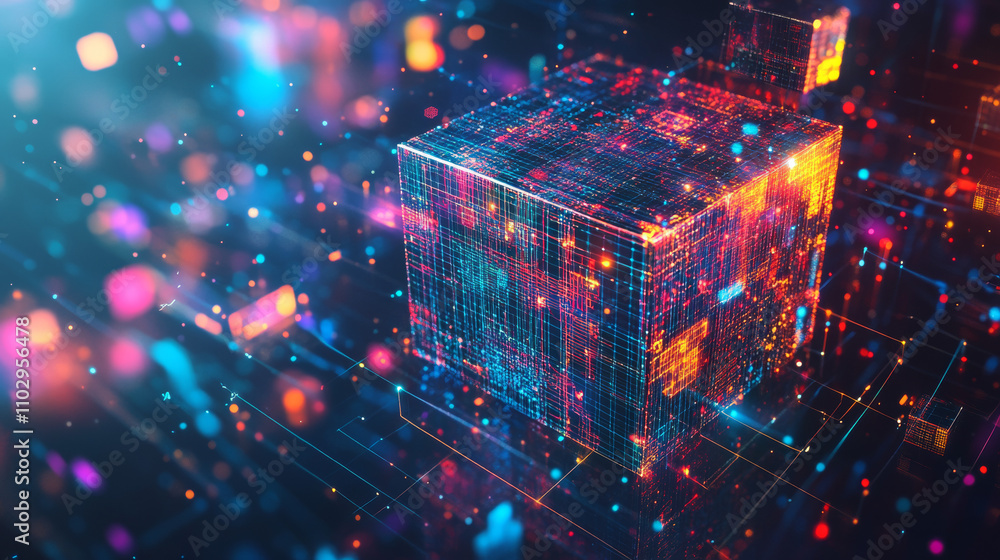 Colorful blocks form a cube, representing a blockchain. This 3D image shows how AI learns from ...