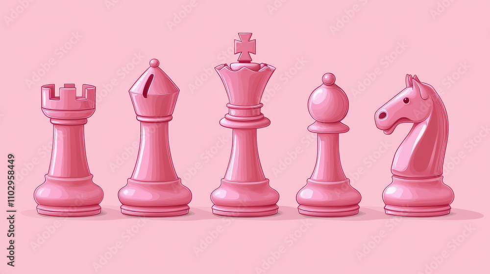 Cartoon pink chess pieces (pawn, rook, knight, bishop, queen, king) are ...