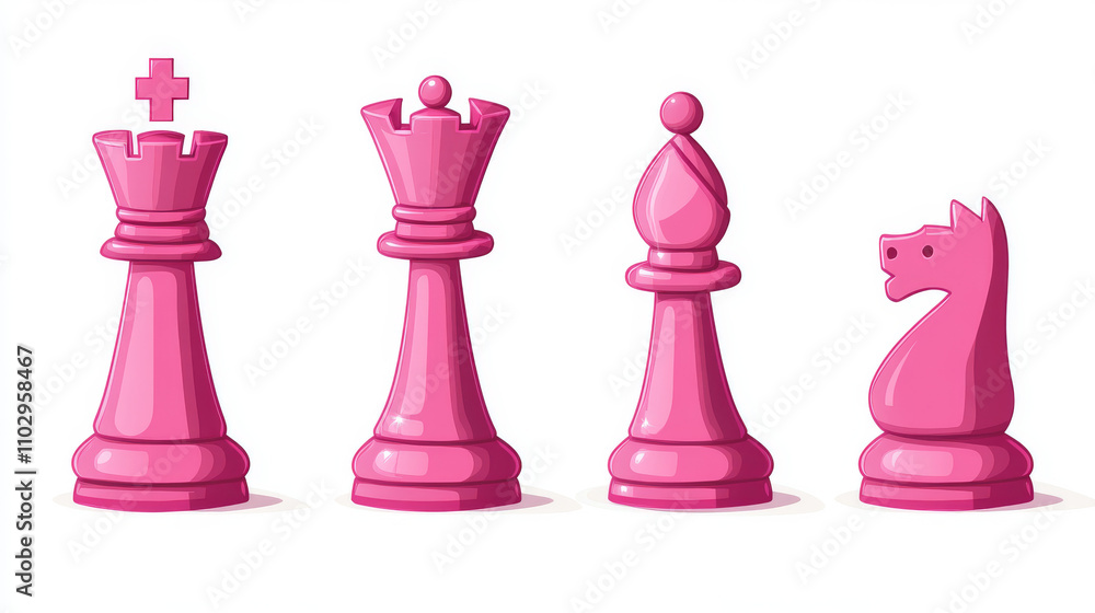 Cartoon pink chess pieces (pawn, rook, knight, bishop, queen, king) are ...