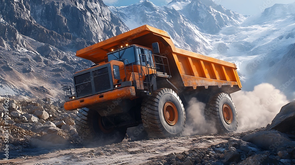 A massive dump truck hauling a full load of rocks in a quarry, rough ...