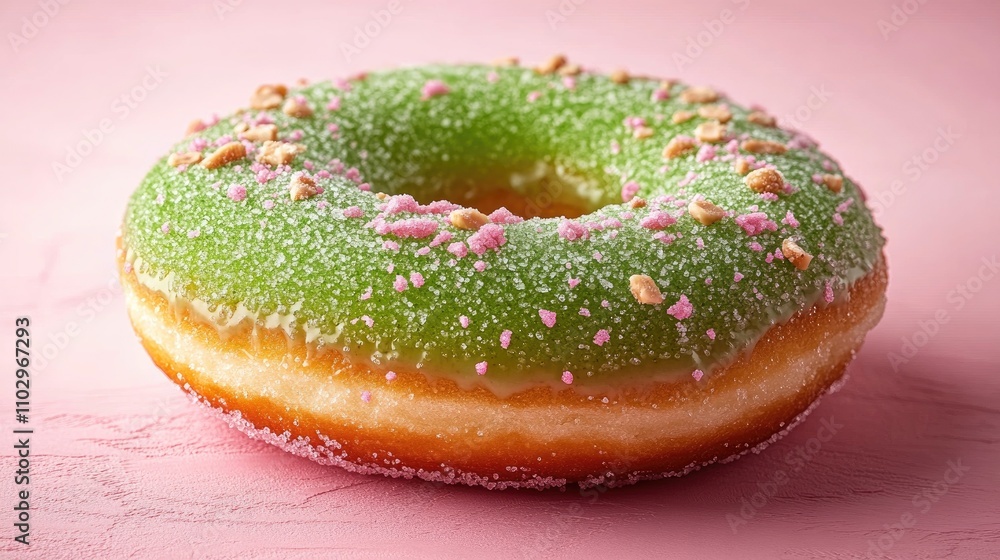 Green sugar donut with nut topping on a soft pink surface showcasing ...