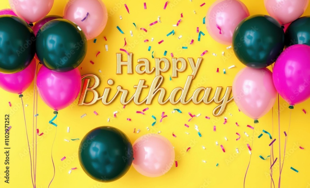 Vibrant birthday celebration frame featuring balloons and confetti on a ...