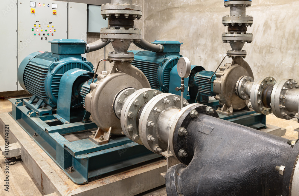 Cold water pump of Condominium. Large blue water pumps motor and ...