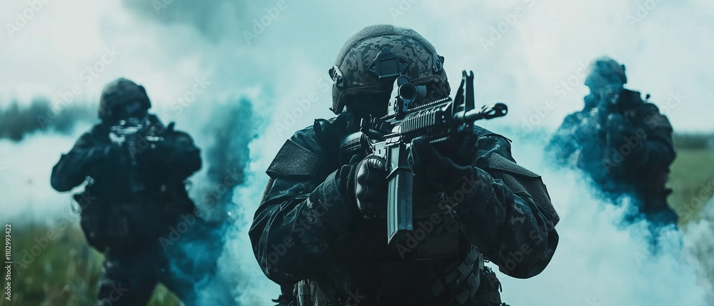 Special forces soldiers advancing through smoke with weapons drawn ...