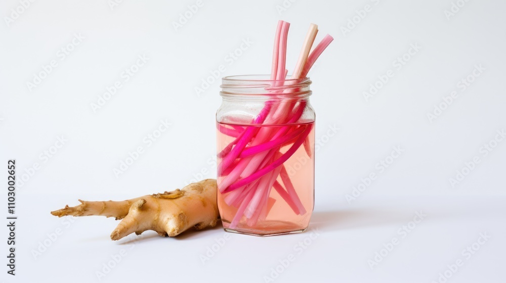 Pink pickled ginger in a jar with fresh ginger root and sticks against ...