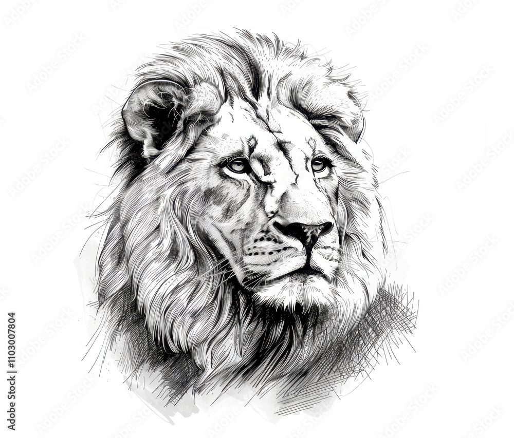 Lion face sketch isolated on white background, wild animal portrait ...