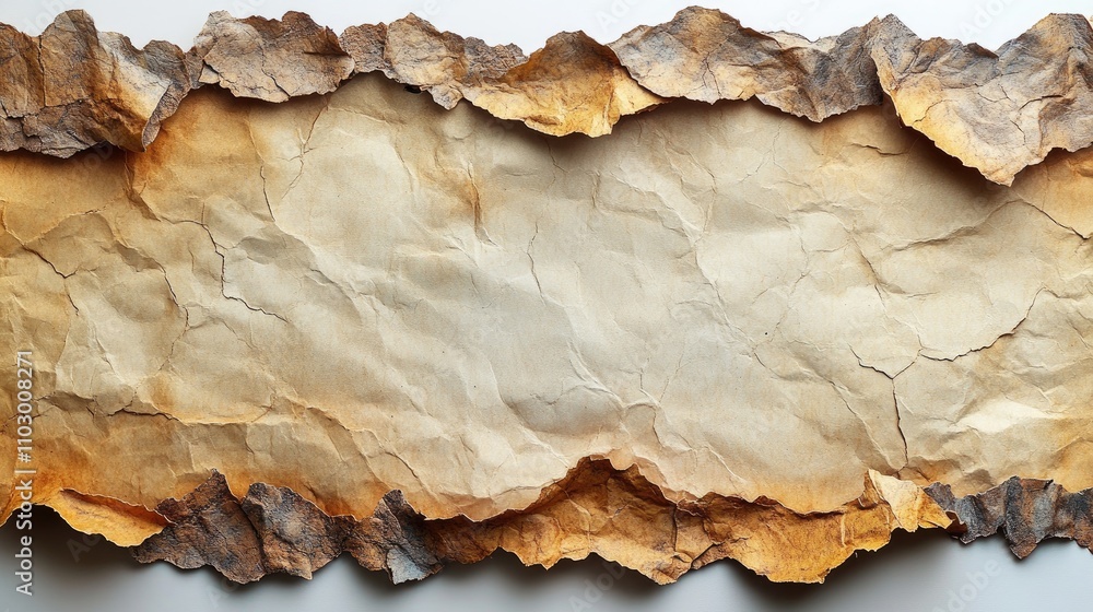 Textured burnt edge of kraft paper creating a rustic frame on a white ...