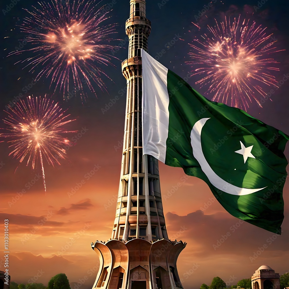 Depicts the iconic minar e pakistan monument with a large pakistani ...