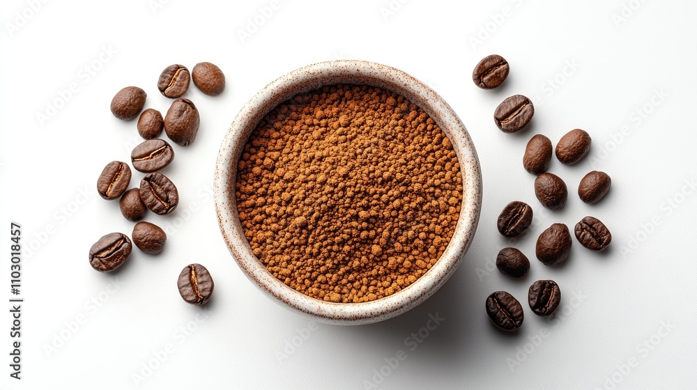 Aerial view of instant coffee granules in a bowl surrounded by roasted ...