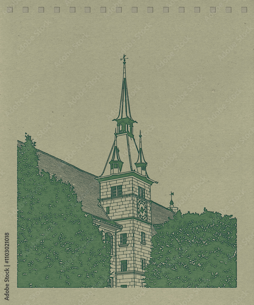Silhouette of ancient clock tower with spire. Illustration with print ...