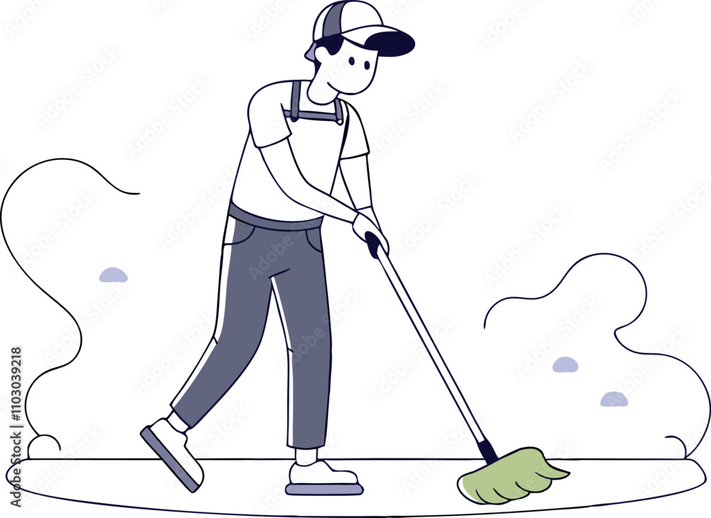 flat drawing of janitor mopping floor, line art vector illustration ...
