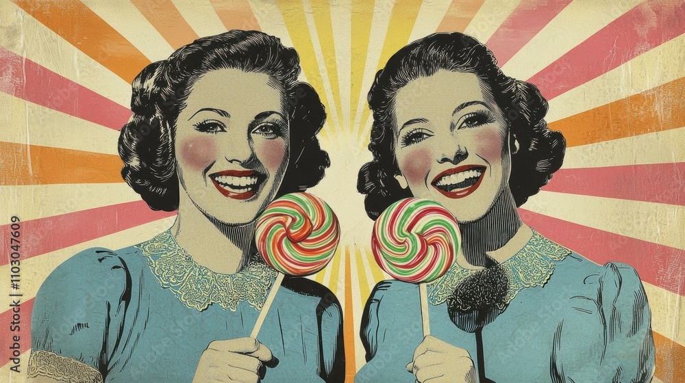 Retro-style illustration of two women holding lollipops detailed ...