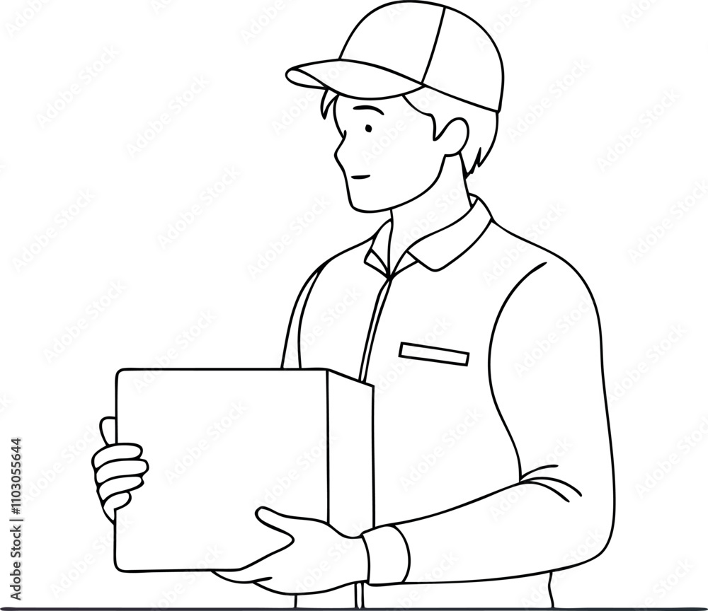 line drawing of delivery person holding parcel, line art vector ...