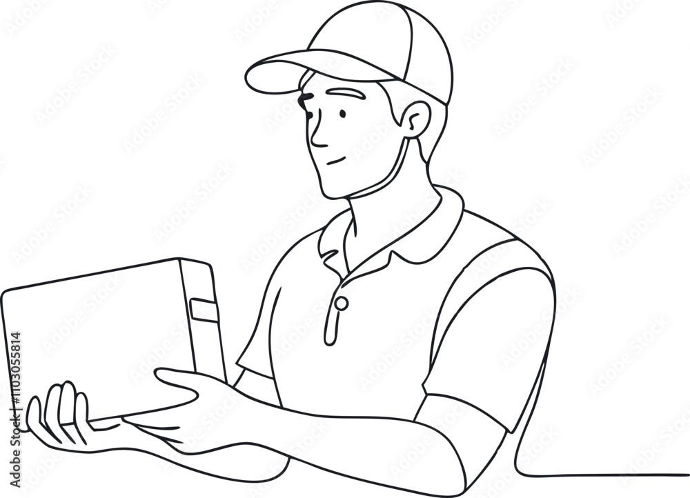 line drawing of delivery person holding parcel, line art vector ...