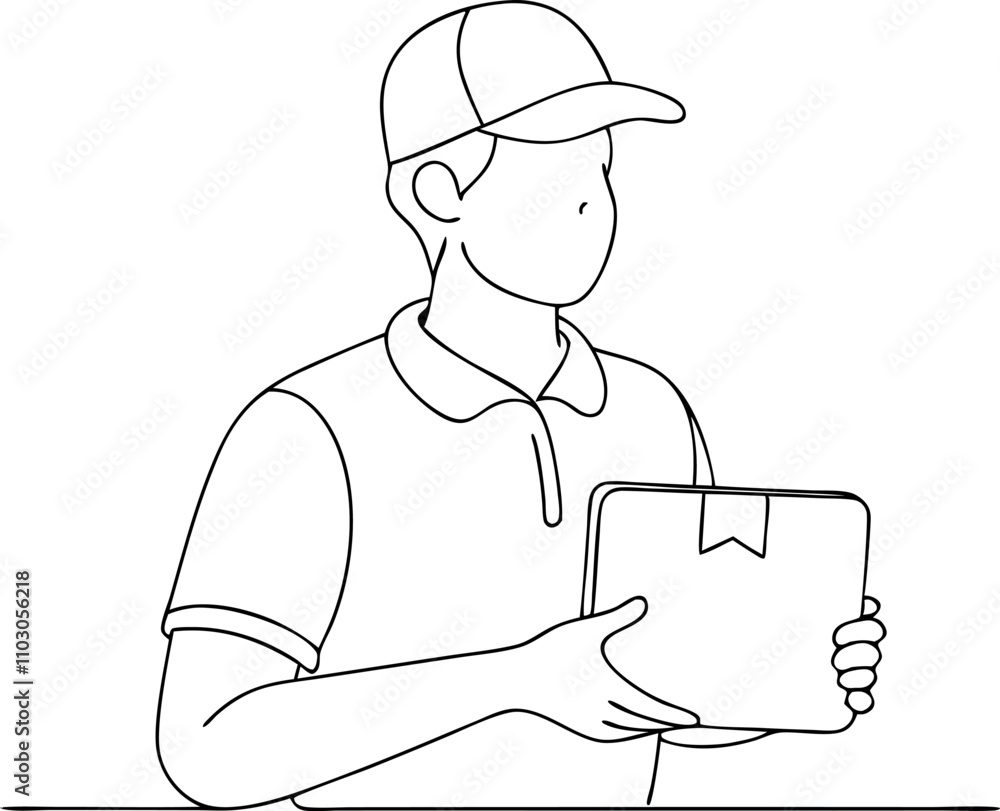 line drawing of delivery person holding parcel, line art vector ...