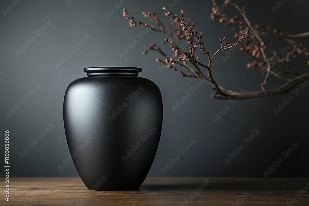 Matte black funeral urn with a minimalist design, complemented by dried ...
