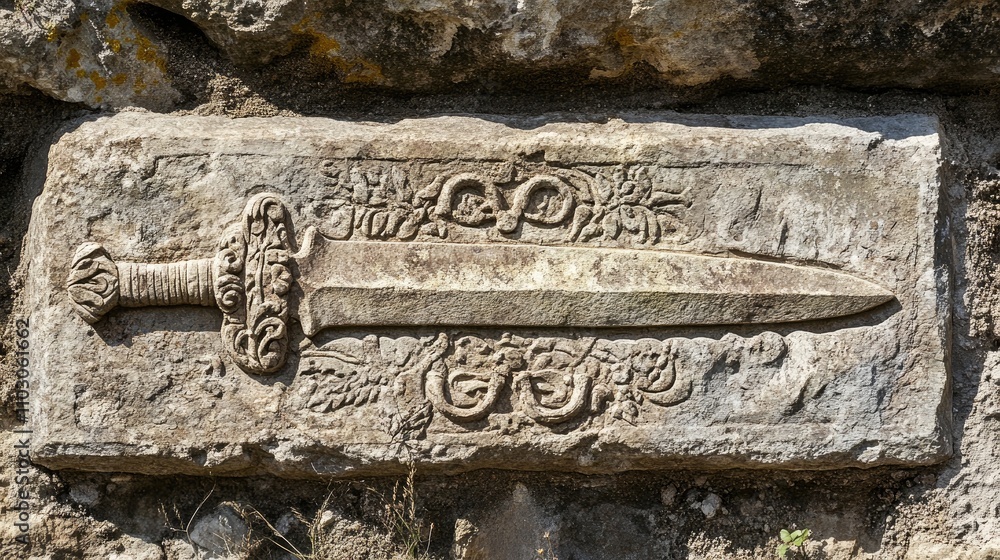 Medieval stone carving of a sword, showcasing intricate designs and ...