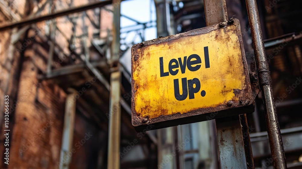 Rusty yellow signboard on a metal frame with bold black lettering ...