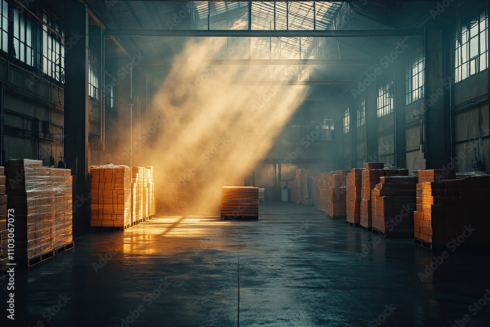 Packaging boxes wrapped in film are stacked on pallets in a warehouse ...