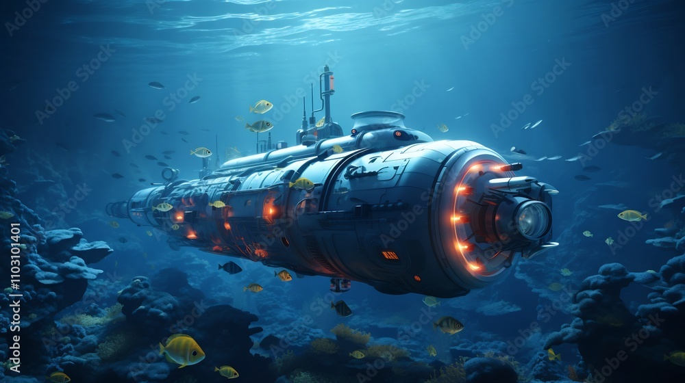Futuristic digital depicting a nuclear powered underwater submarine ...