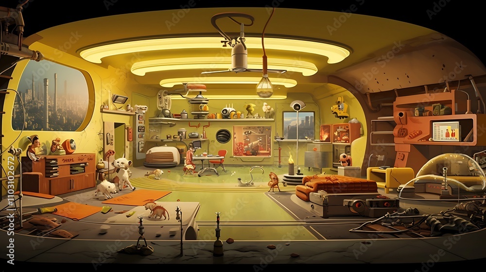 Whimsical and colorful cartoon showcasing a nuclear fallout shelter ...