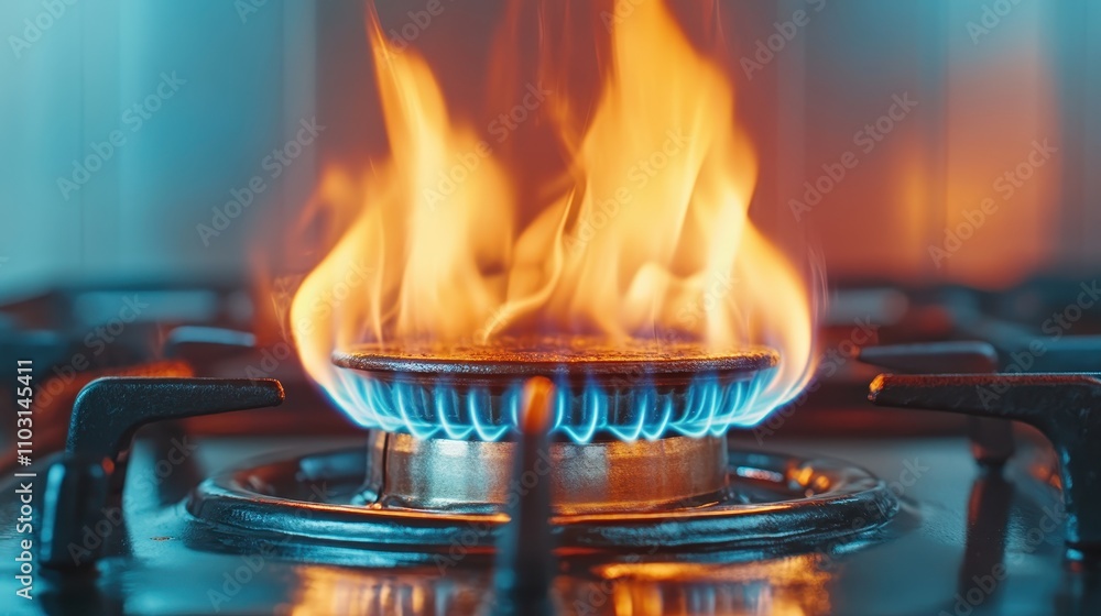 An intense fiery gas burner with orange flames rising powerfully amidst ...