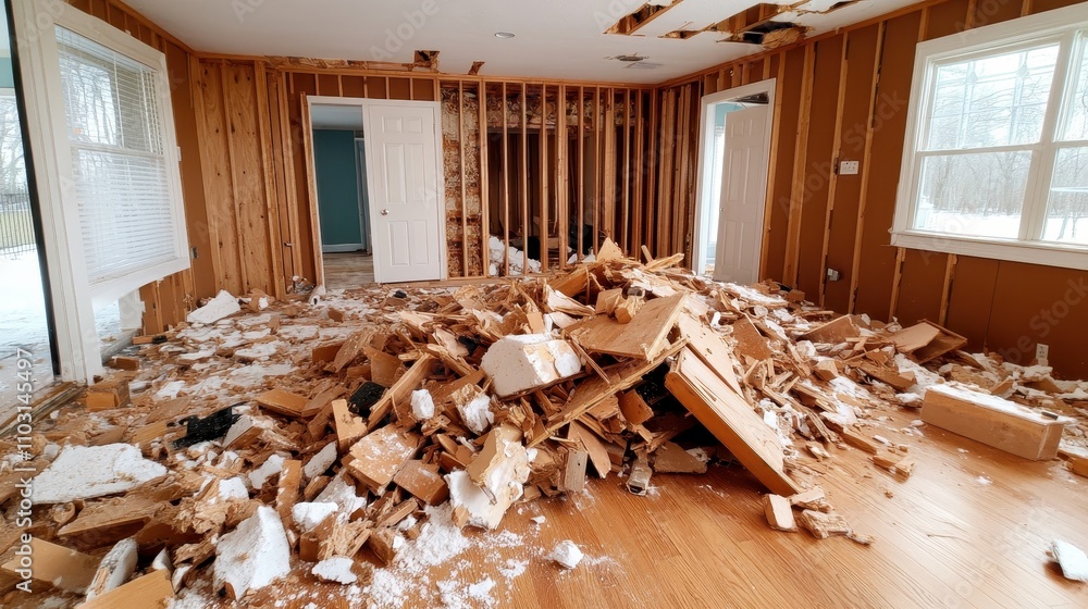 A room under renovation showing a pile of wooden debris on a hardwood ...
