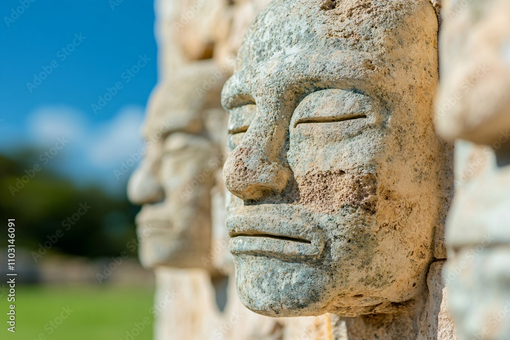 Ancient stone face sculptures in outdoor setting. Historical art ...