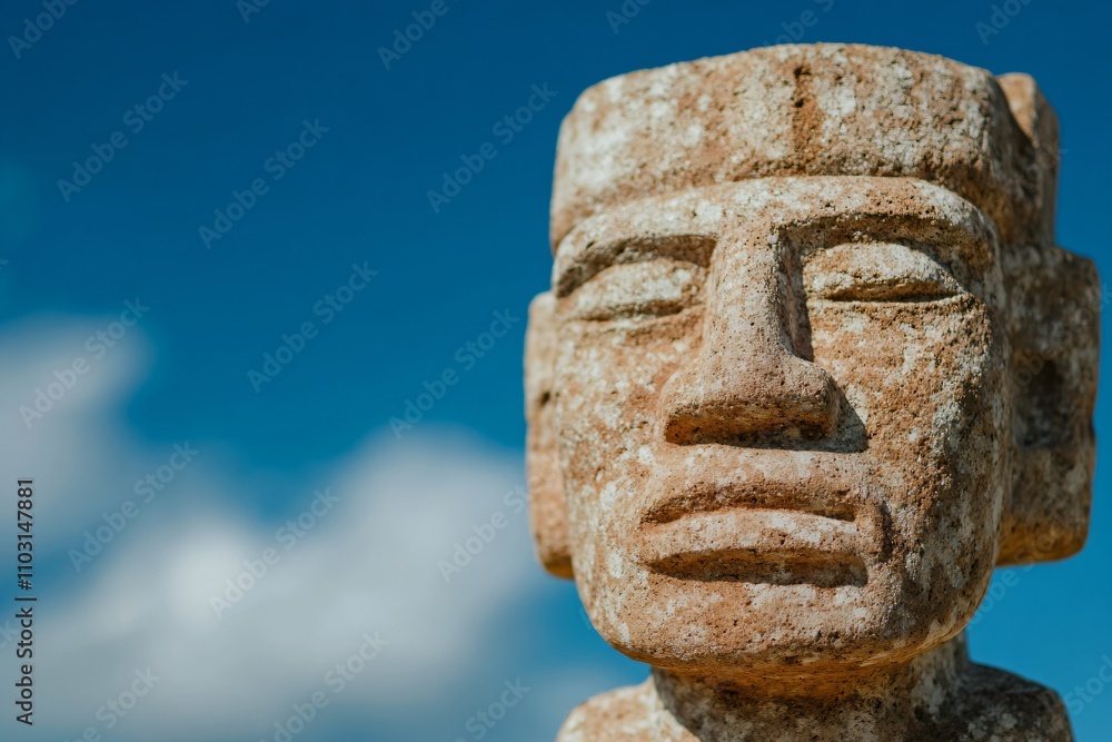 Foto de Stock Ancient Mayan stone sculpture artifact against vibrant ...