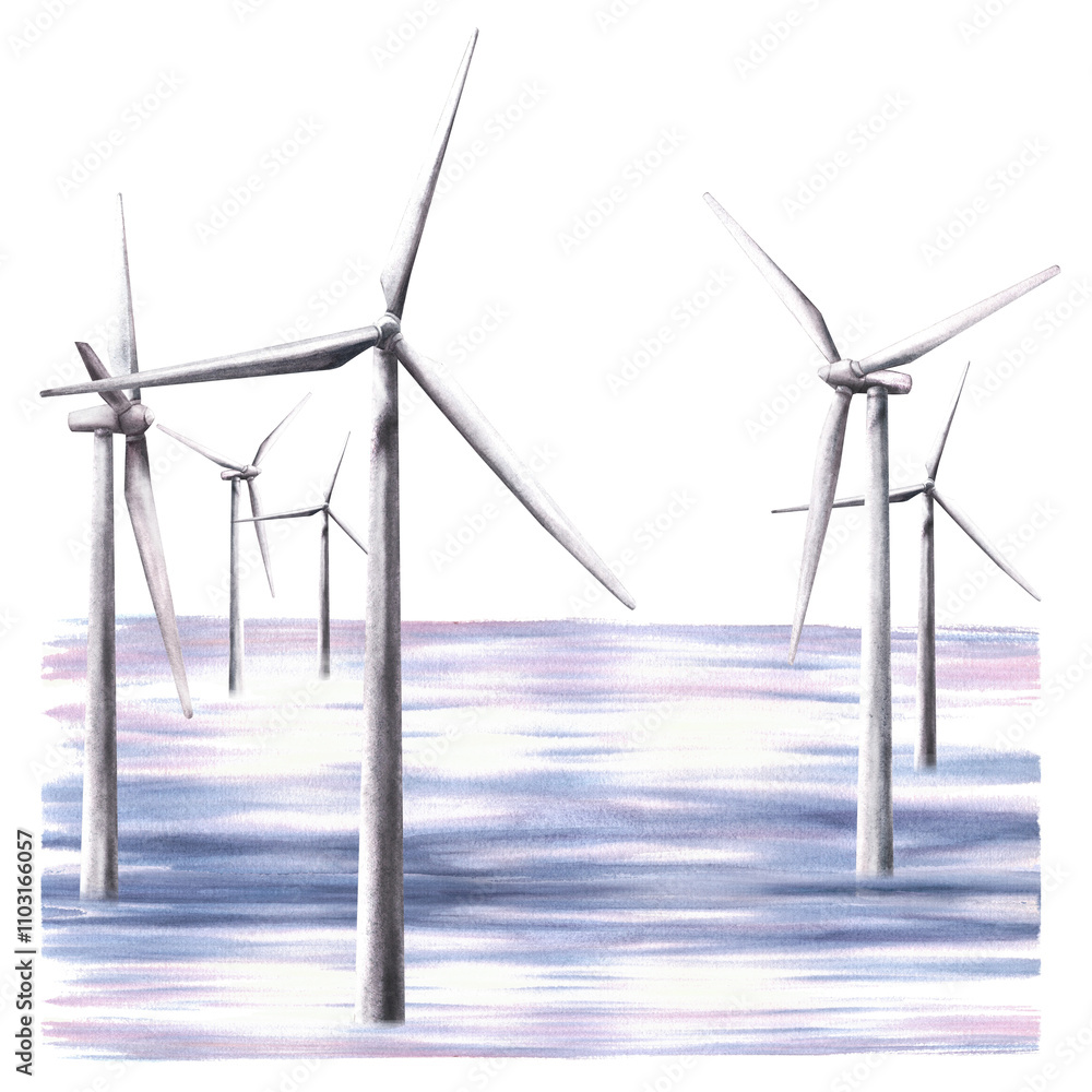 Offshore wind farm at sea or in the ocean. Wind turbine park. Windmills ...
