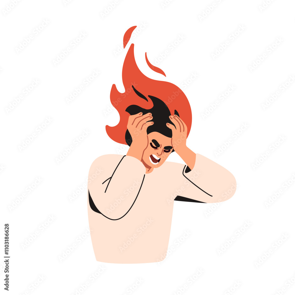 Frustrated overwhelmed person with fire on head. Frustration, stress ...