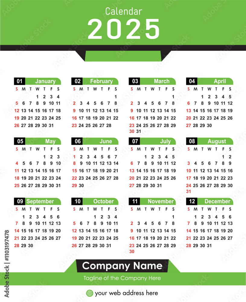 Editable calendar 2025 vector illustration, professional Annual ...