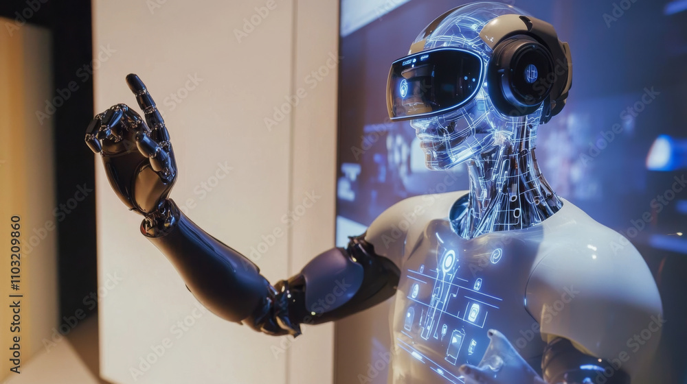 Robot humanoid works with a virtual HUD interface in augmented reality. Robot with a plastic ...