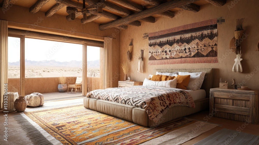A refined southwestern style bedroom suite complete with adobe walls ...