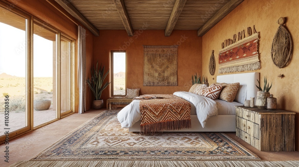 A refined southwestern style bedroom suite complete with adobe walls ...