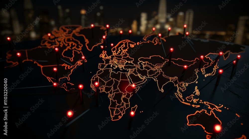 3d geographic map featuring red location pins and network lines for ...