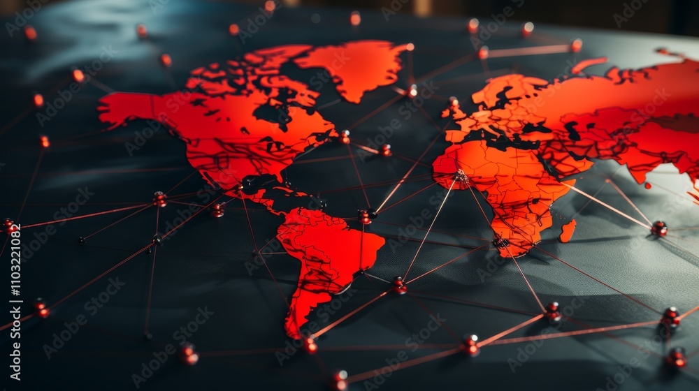 3d map featuring red location pins and network lines for gis mapping ...