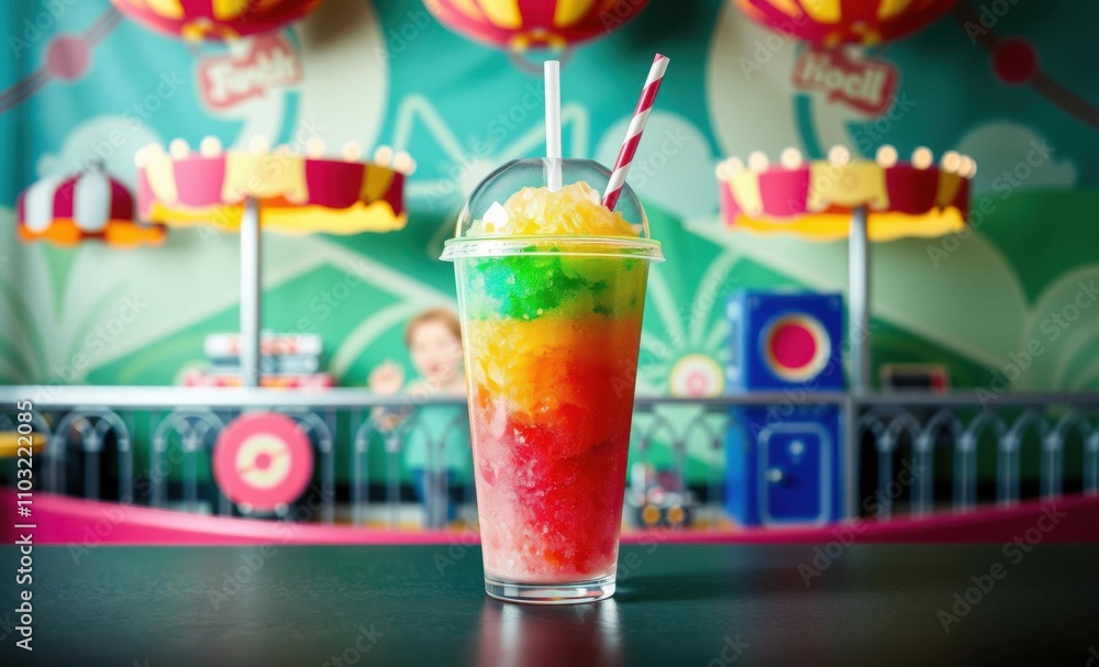 A colorful slushie in a plastic cup with a domed lid and a straw in ...
