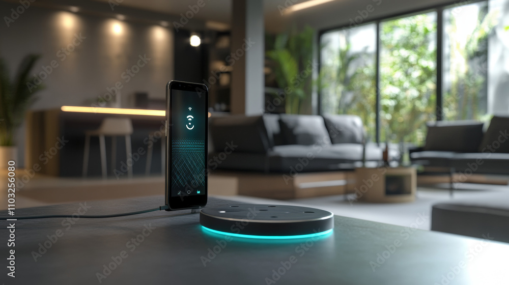 Ilustración de Stock Smartphone with digital logo smart home stand at ...