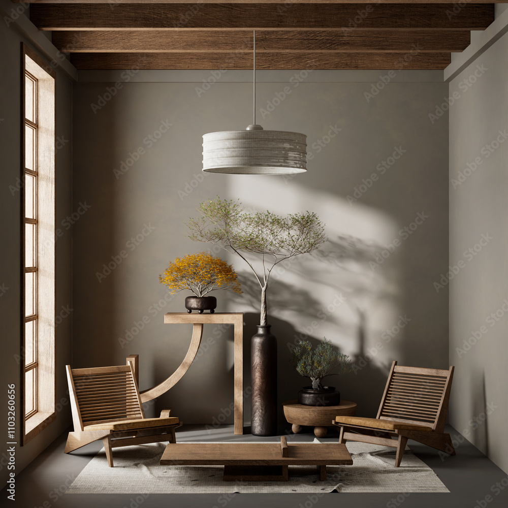 Japanese style interior design with wooden furnitures and raw materials ...